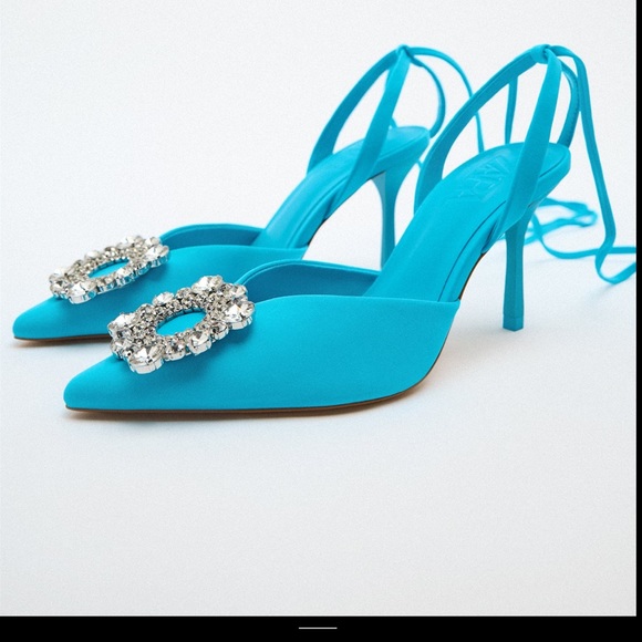 Zara | Shoes | Zara Turquoise Heeled Pumps Large Rhinestones Details ...